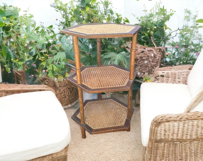 Faux Bamboo and Cane Plant Stand / Three Tier Accent Table/ Stand ...