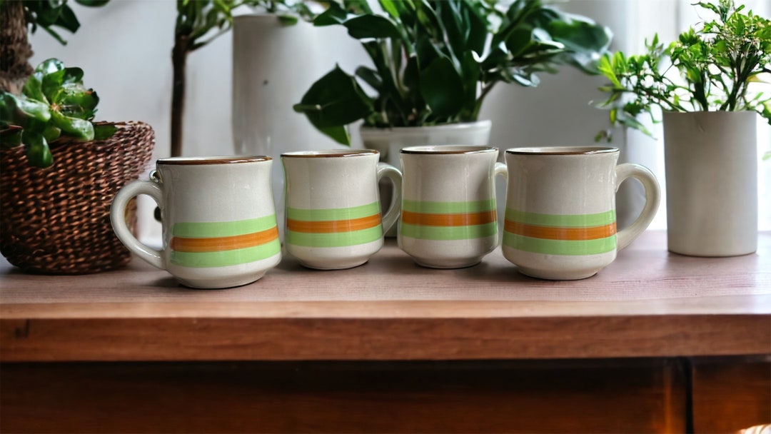 Set of Four Stoneware Mugs/ Retro Green and Orange Stripe Stonecrest Ji ...