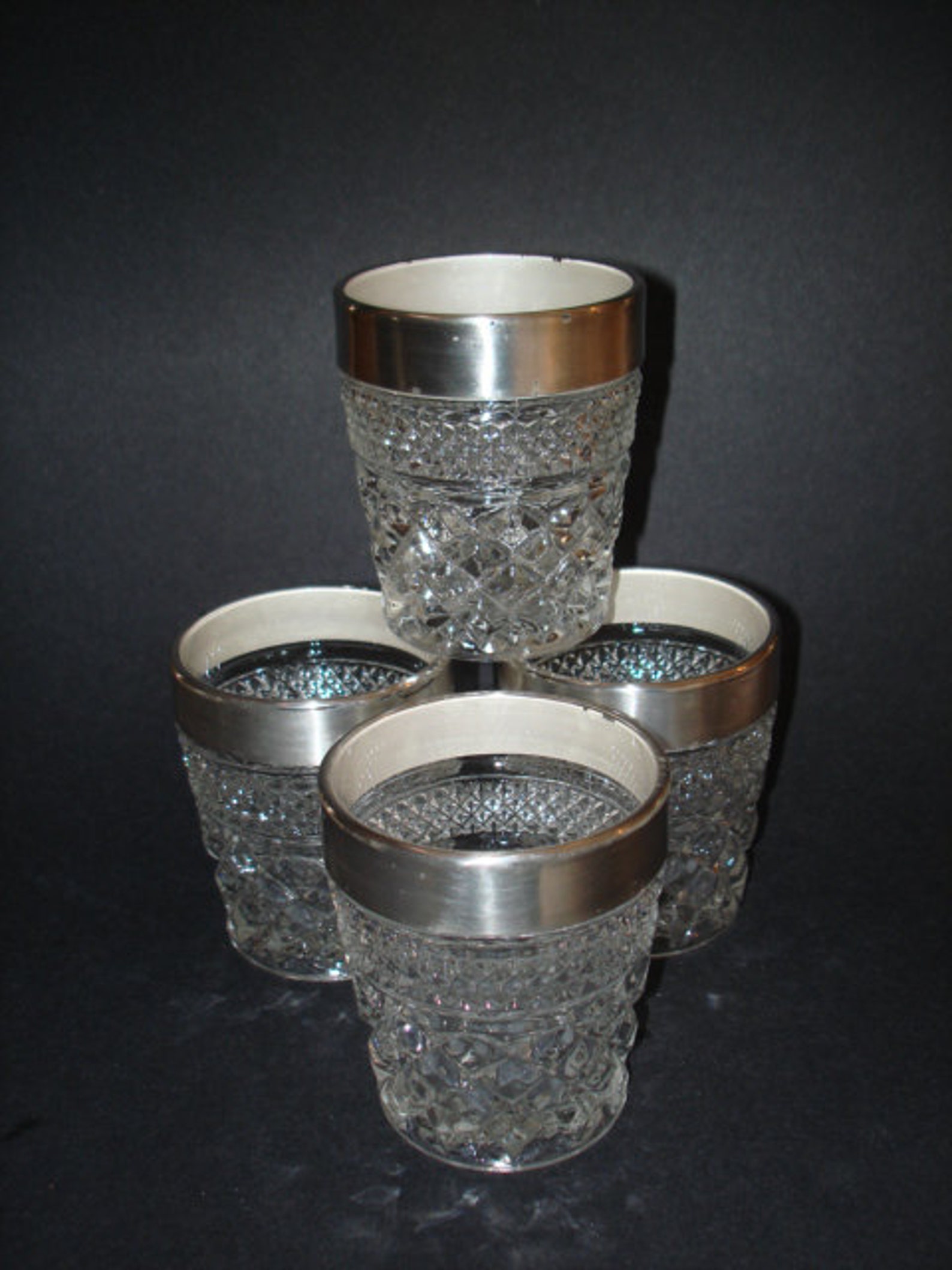 Set Of 4 Vintage Cut Glass Drinking Glasses With Wide Silver Etsy