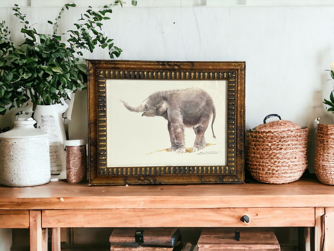 Vintage Signed Elephant Watercolor Painting / Framed Original Painting ...