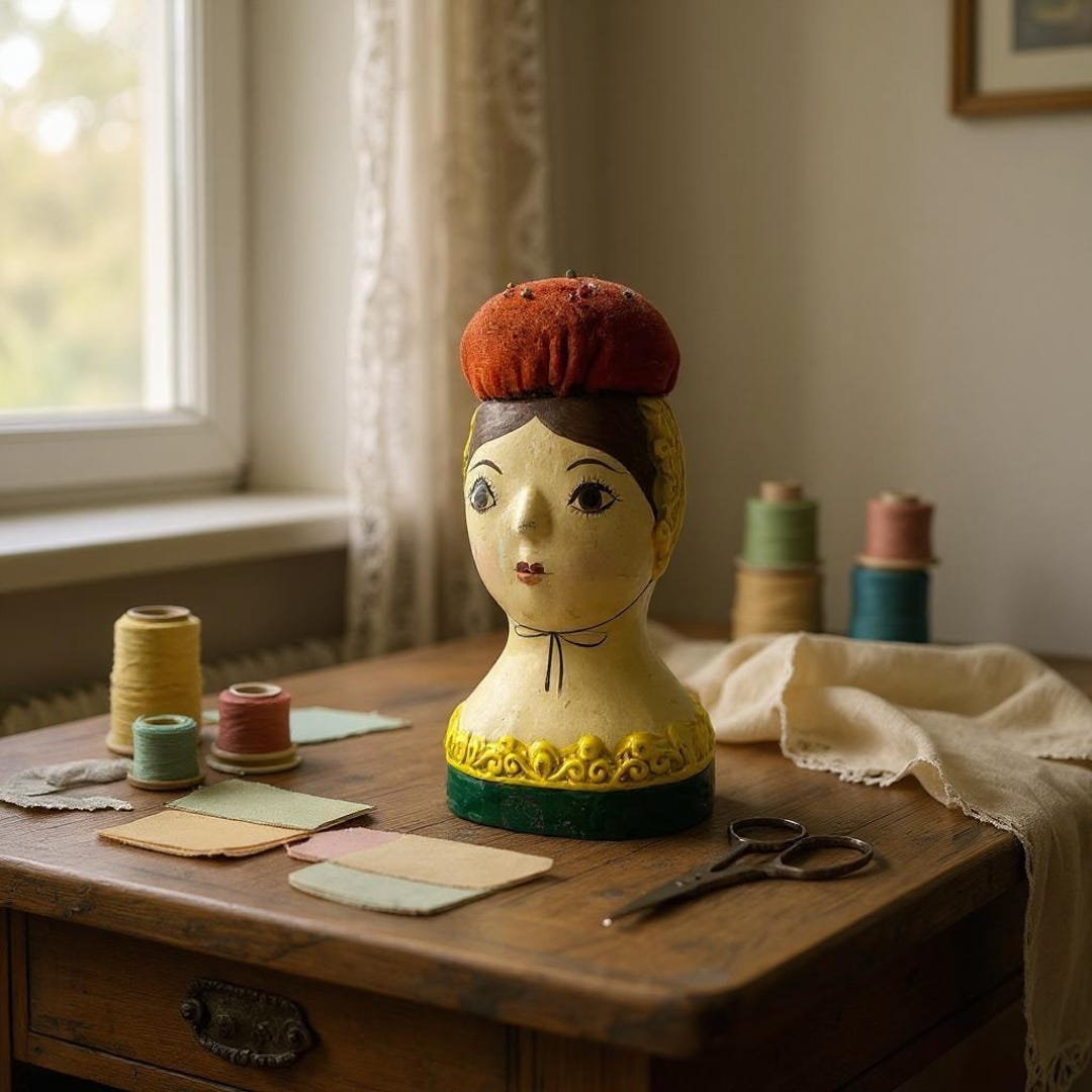 Vintage Lady Pin Cushion Bust, Folk Art, Gemma Taccogna Style Paper ...