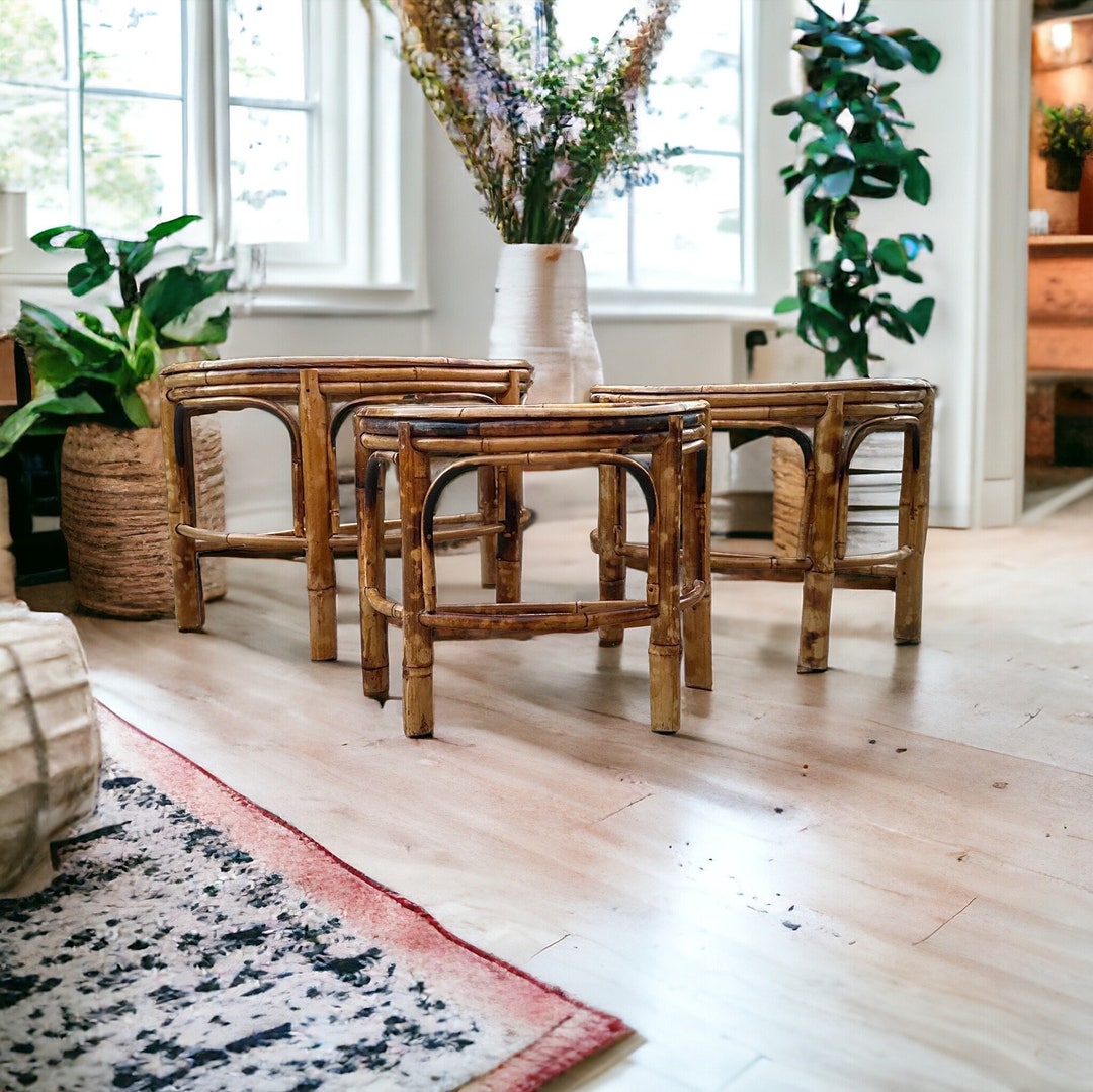 Set of Three Vintage Nesting Bamboo Stools, Plant Stands, Demilune ...
