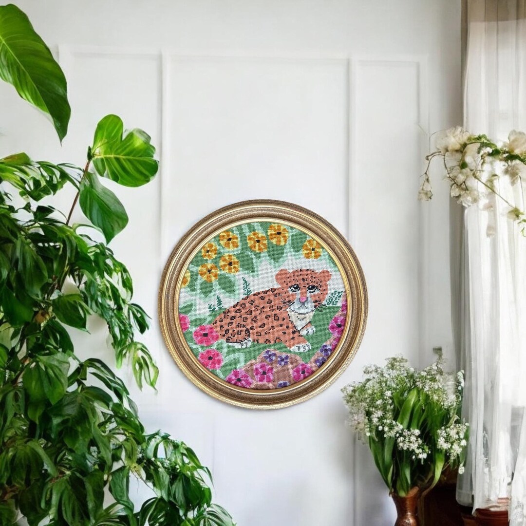 Vintage Framed Cheetah Needlepoint, Hand Stitched Jungle Wall Art ...
