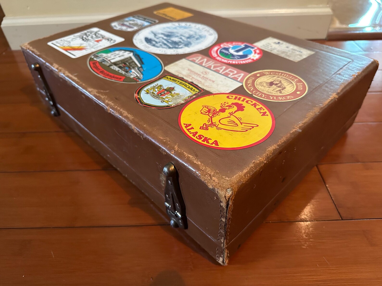 Vintage Hard-shell Suitcase With Travel Stickers, Retro 60's Leather ...