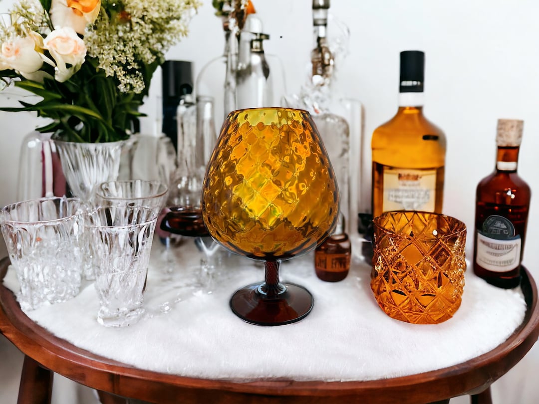 Mid Century Italian Empoli Brandy Glass, Diamond Optic Amber Art Glass ...