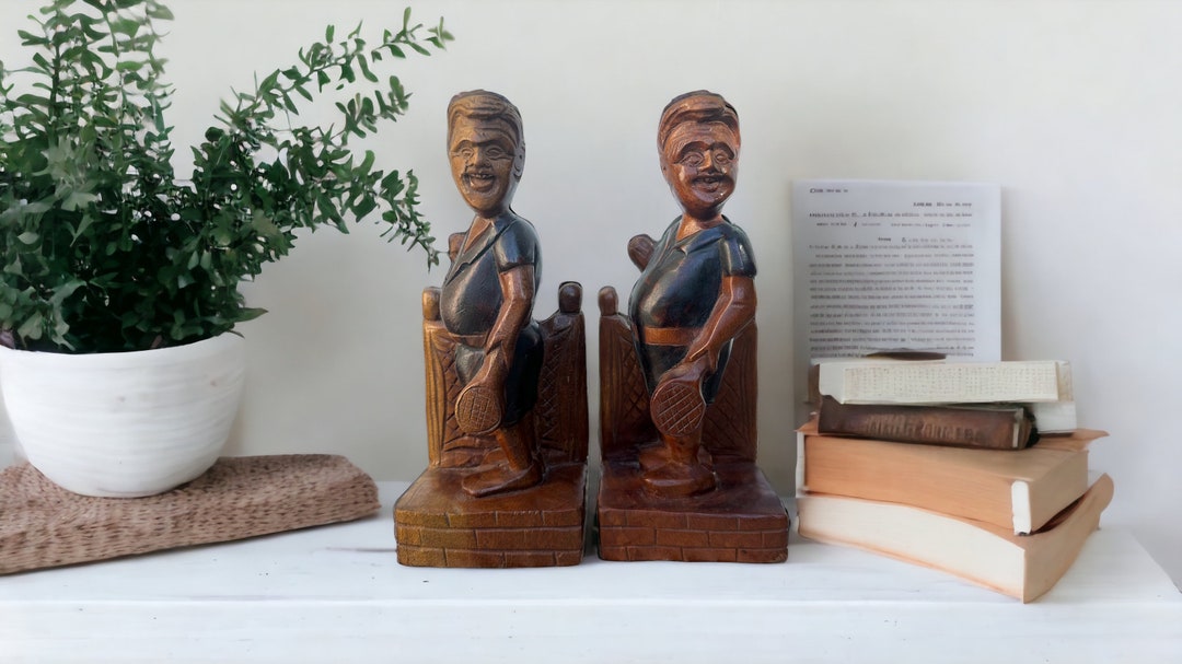 Vintage Carved Bookends / Large Wooden Tennis Player Bookends / Taiwan ...