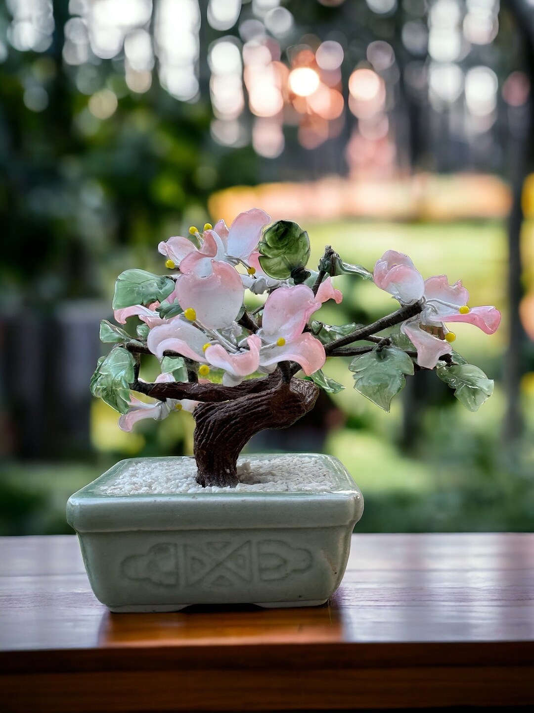 Vintage Jade Glass Cherry Blossom Bonsai Tree in Celadon Planter, Pink ...