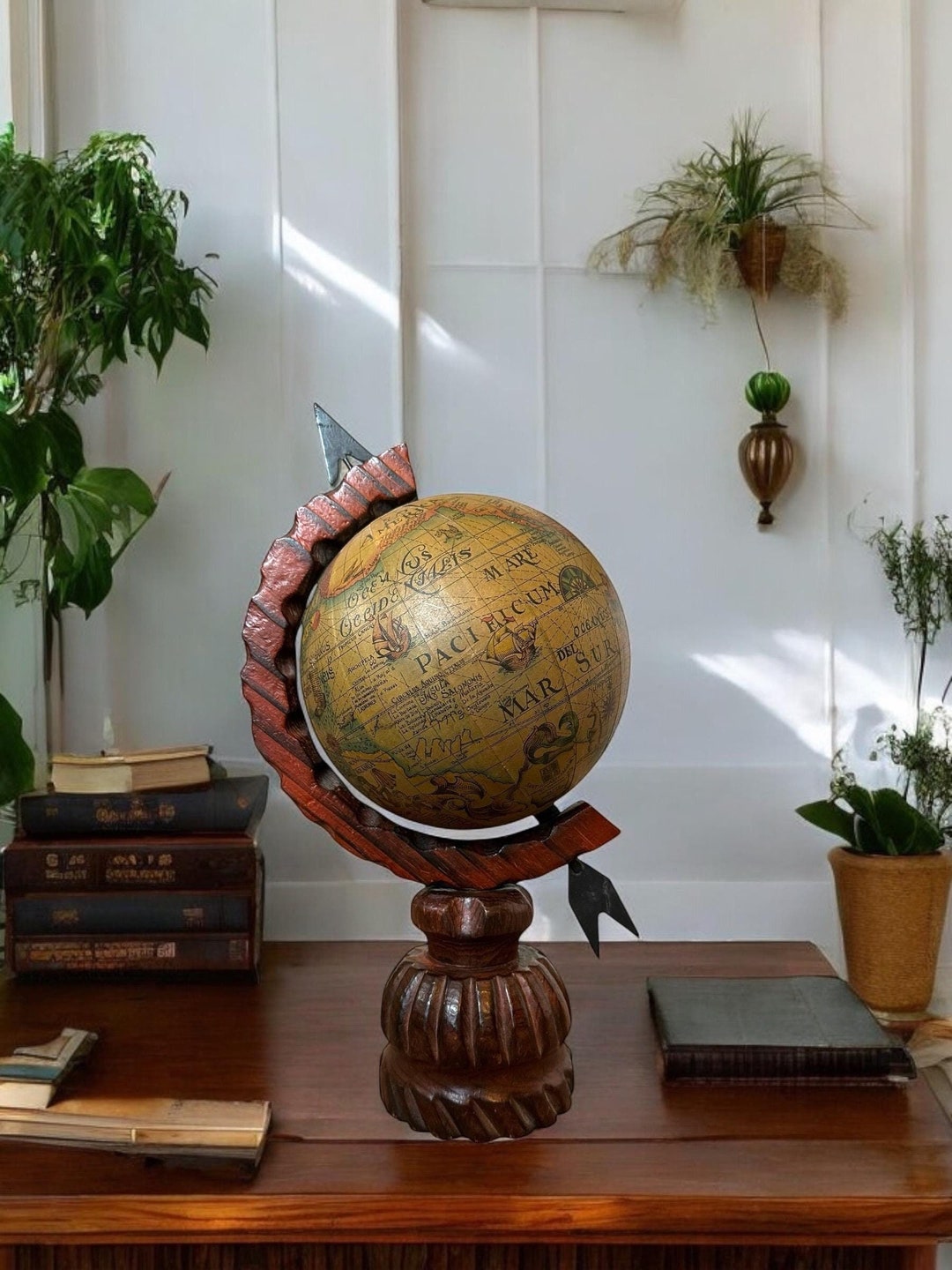 Vintage Desk Globe, Hand Carved Decorative World Map Globe, Mid Century ...