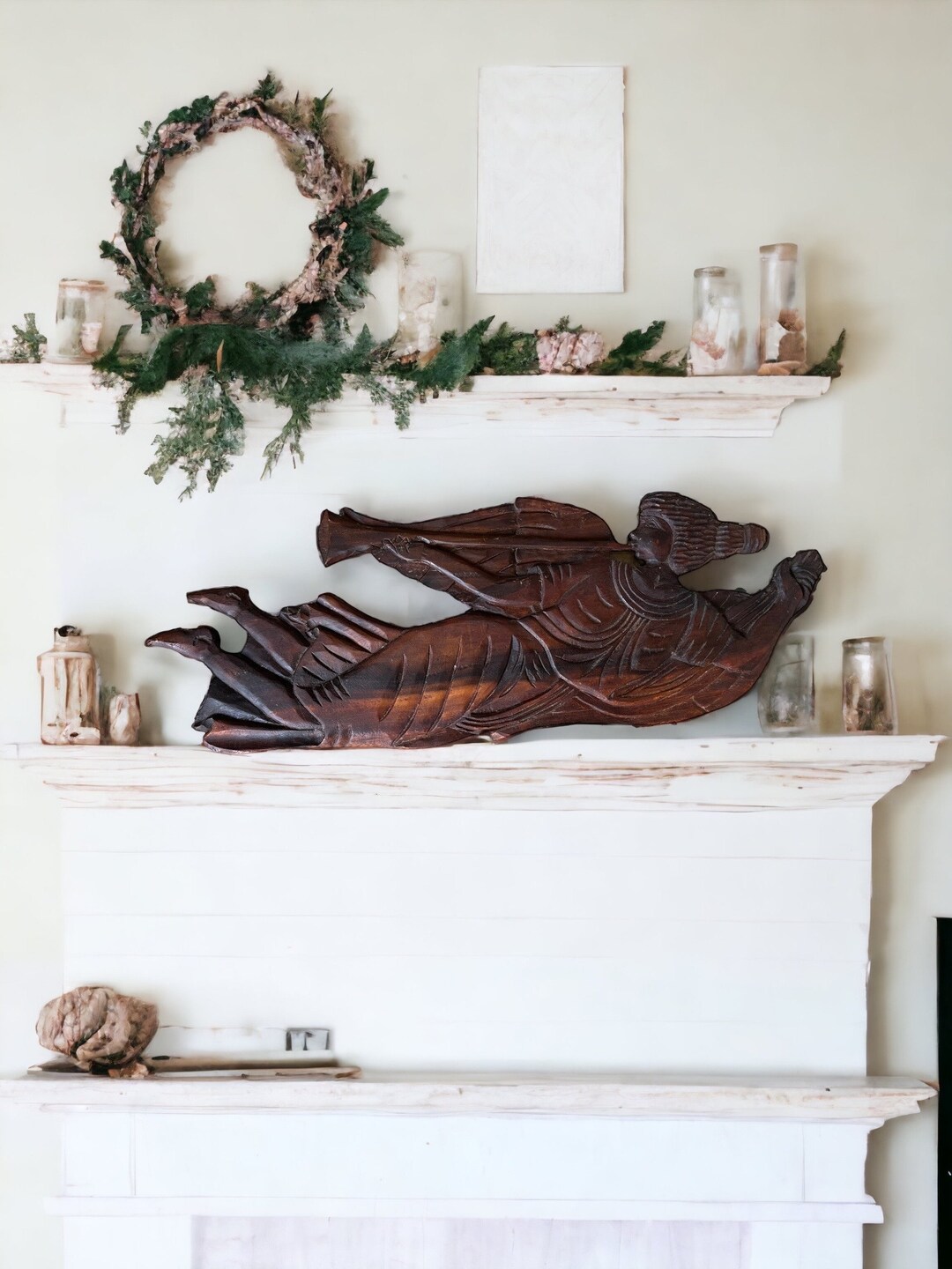 Large Carved Flying Angel Playing Trumpet Wall Plaque / Vintage Wooden ...