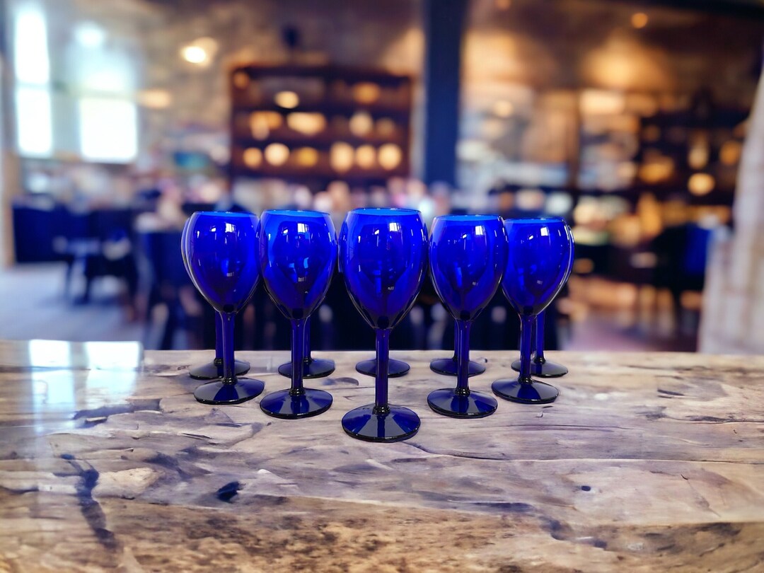 Set of Ten Cobalt Blue Water Goblets, Wine Glasses, Vintage Glassware ...