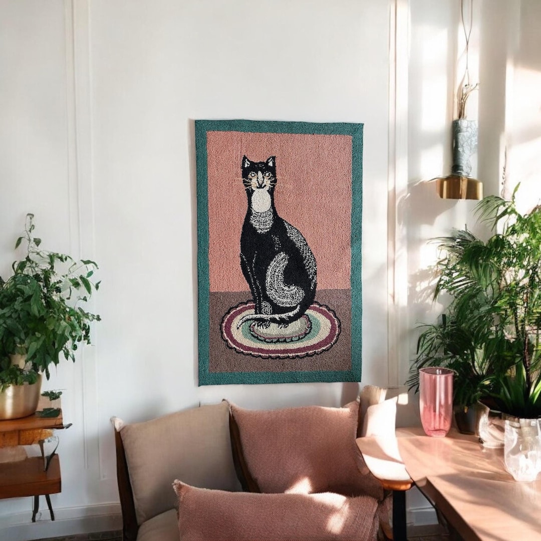Vintage Hooked Rug With Black Cat Design, Hook Rug, Wall Hanging, Cat ...