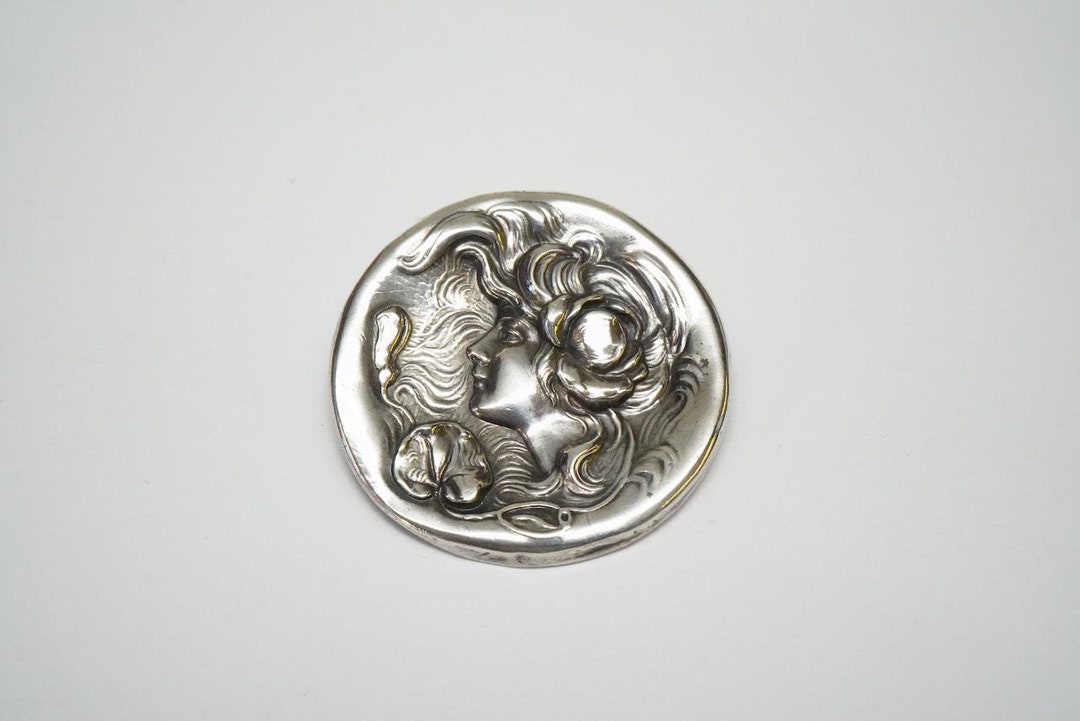 Art Nouveau Sterling Silver, Figural, Floral Brooch - Exquisite Woman ...