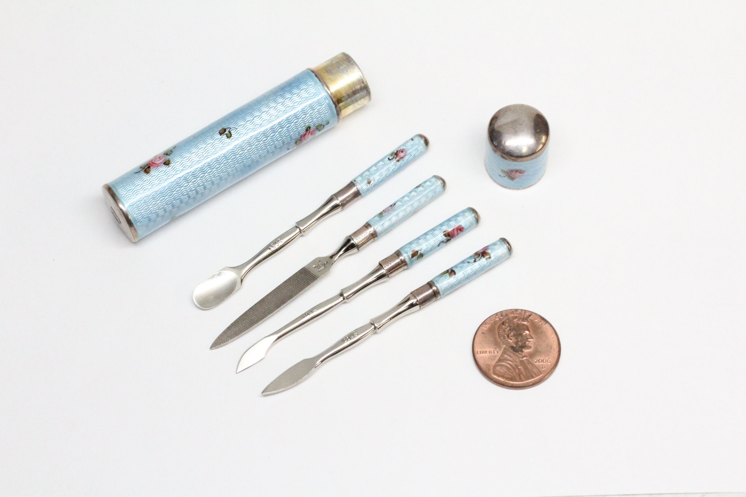 Antique Sterling Silver and Glass Enamel Manicure Set Four | Etsy