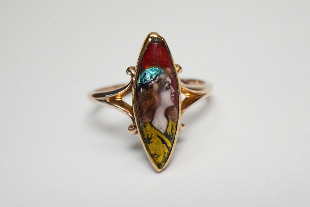 Vintage 14k Yellow Gold, Limoges Enamel Ring Dramatic Figural Presentation Avant-garde Vintage ...