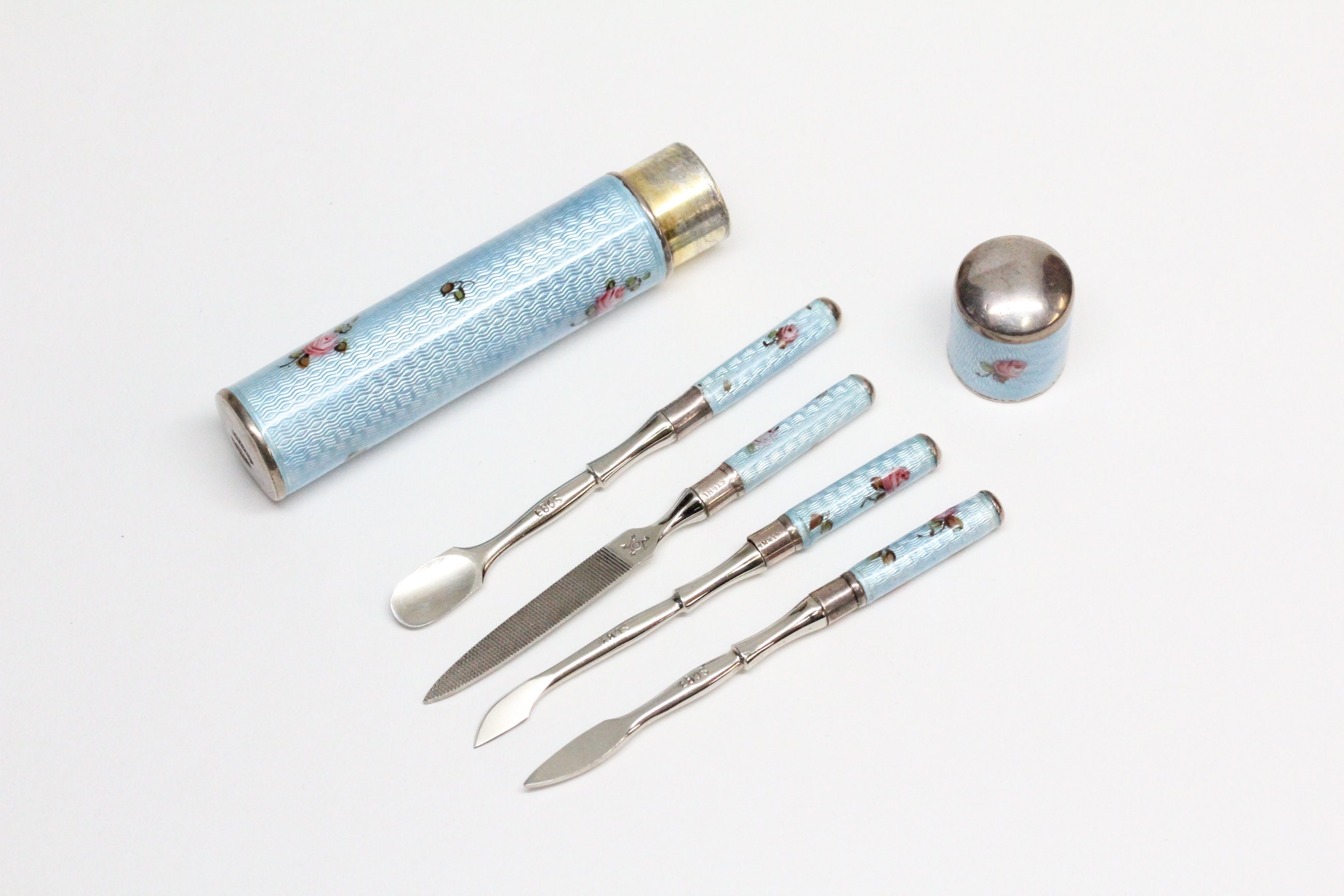 Antique Sterling Silver and Glass Enamel Manicure Set Four | Etsy