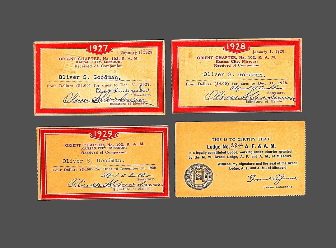 Four (4) Antique Royal Arch Masonic Member Cards From 1927, 1928, 1929 ...