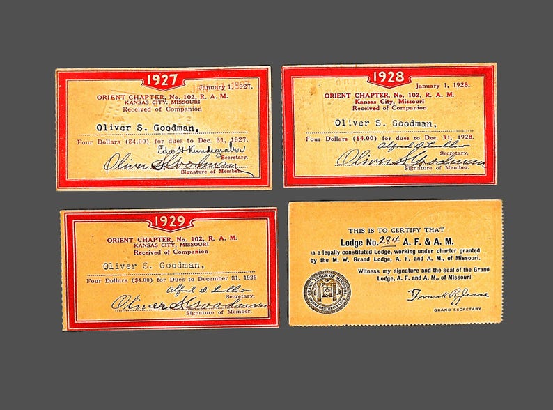 Four (4) Antique Royal Arch Masonic Member Cards From 1927, 1928, 1929 ...