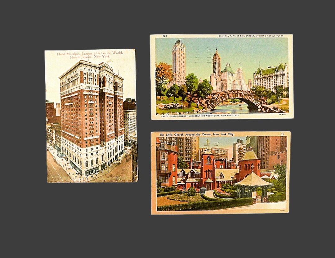 3 Vintage NYC Postcards Central Park, Hotel Mcalpin, Little Church ...