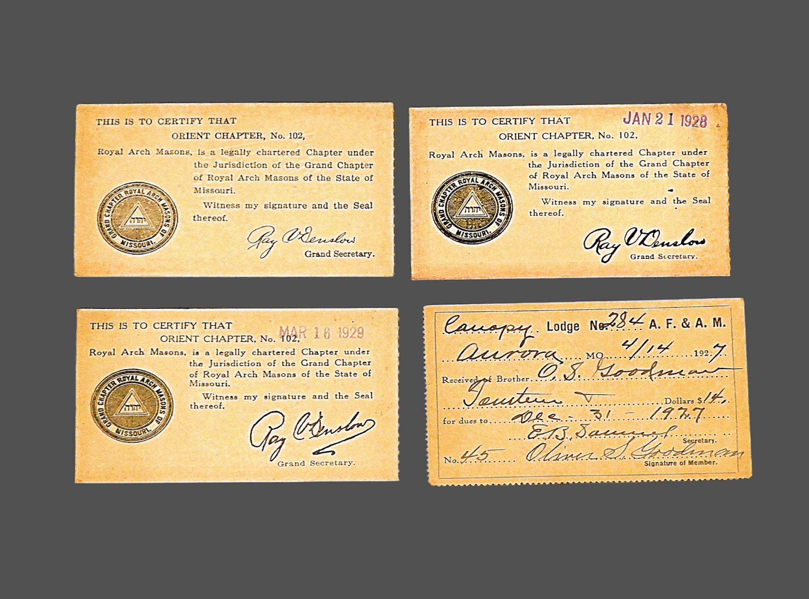 Four (4) Antique Royal Arch Masonic Member Cards From 1927, 1928, 1929 ...