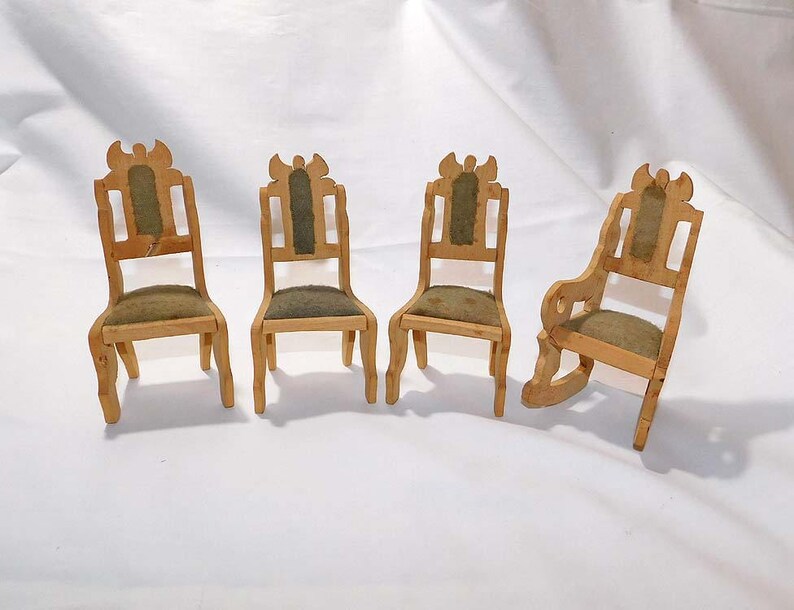 Vintage Miniature Doll House Furniture Four Handcrafted Wooden Chairs ...