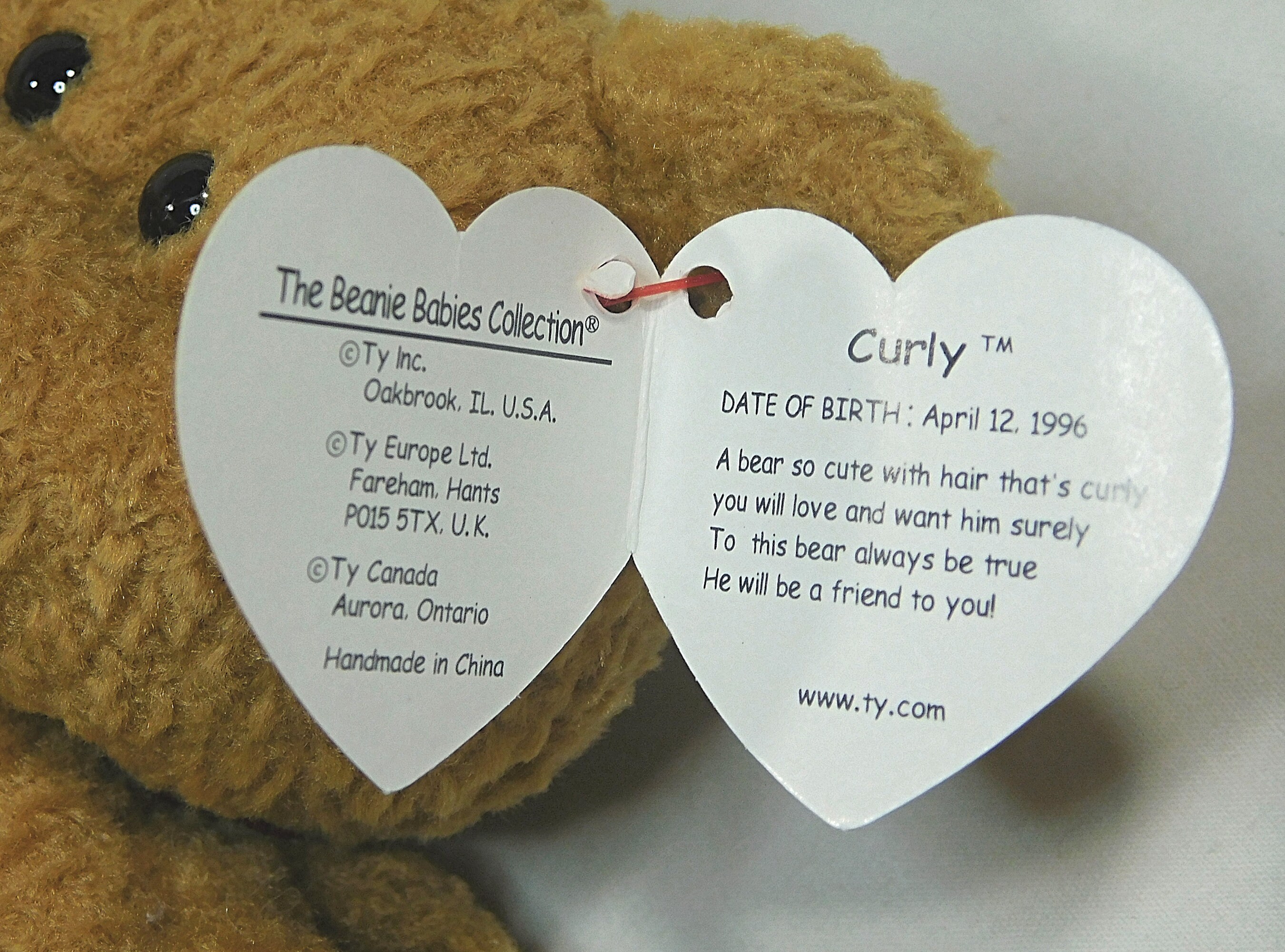 Vintage TY Beanie Baby Bear CURLY Plush Brown And Original Hang Tag 8 5