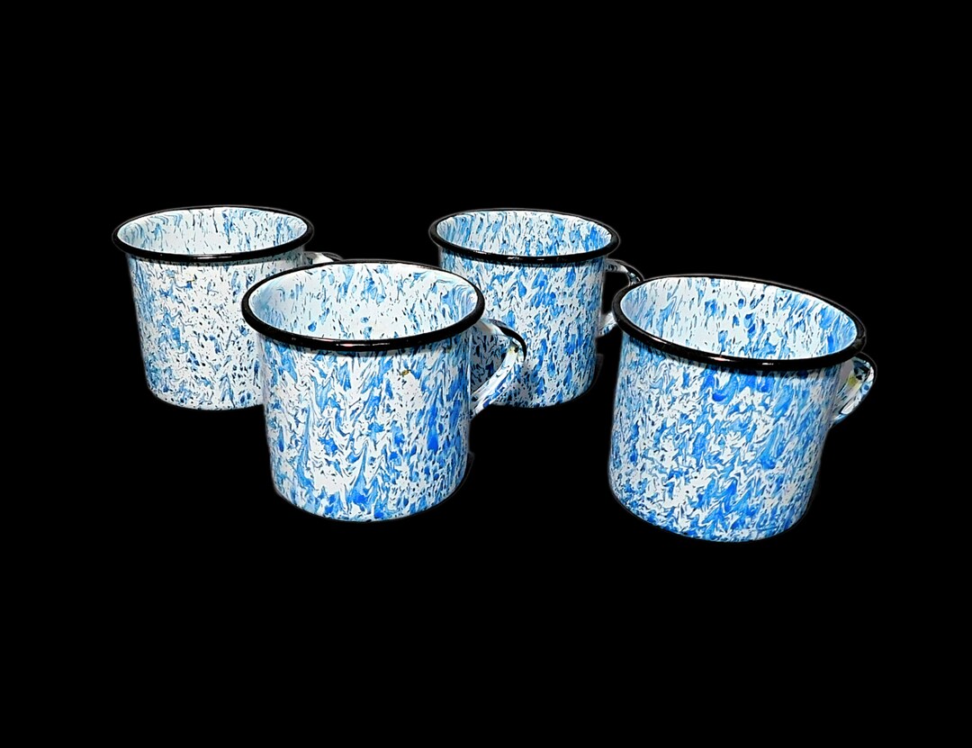 Set of 4 Vintage Granite Ware Enamel Ware Blue & White Swirl Cups Mugs ...