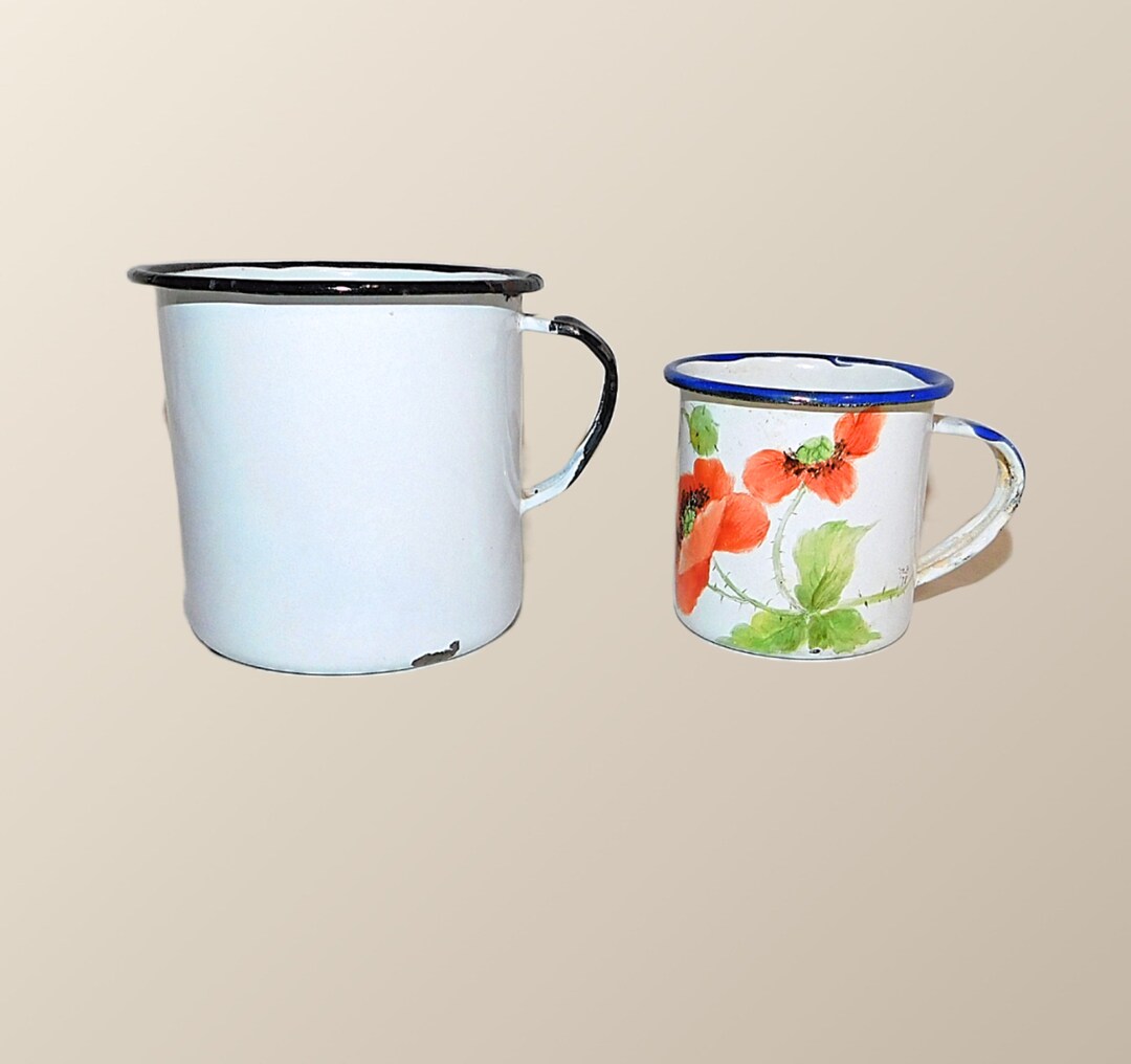 Two Vintage Enamelware Cups - One White With Black Trim - One White ...