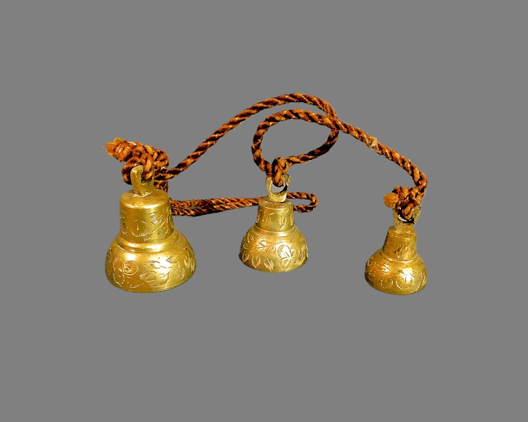 Vintage 3 Bells of Sarna India Hanging Bells on Rope - Set of 3 Etched ...