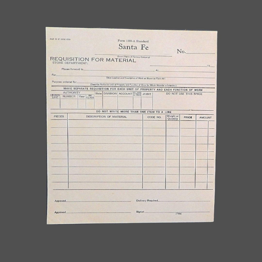 Vintage 1940's - 50's Santa Fe Railroad Requisition for Material Form ...