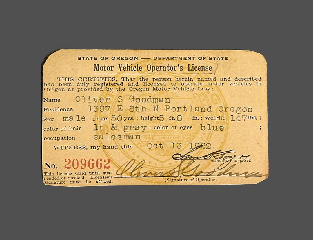 Antique Vintage 1922 Oregon Motor Vehicle Operator's License - Driver's ...