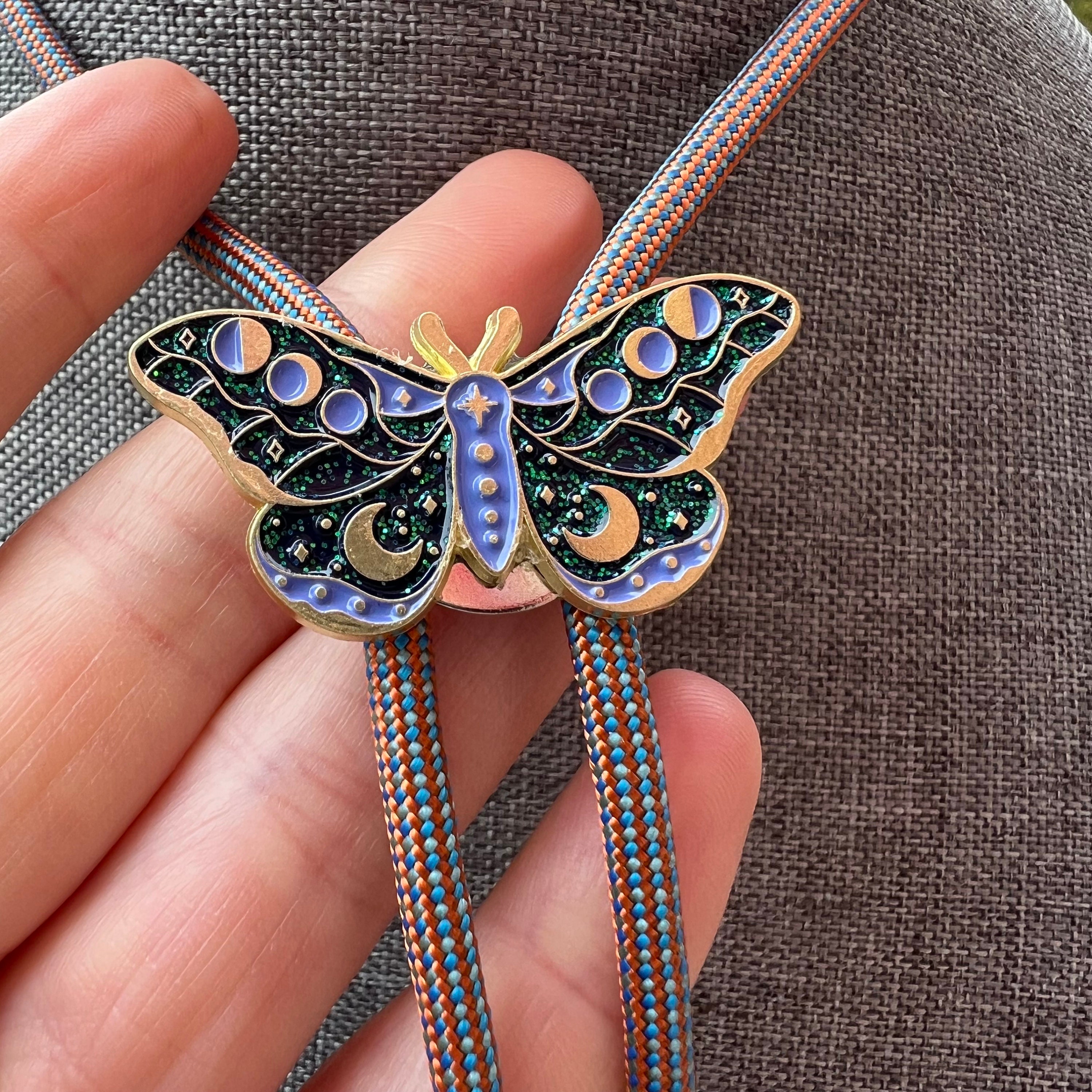 Celestial Moth Bolo Tie Necklace Color Metal Triple Moon Glittery ...