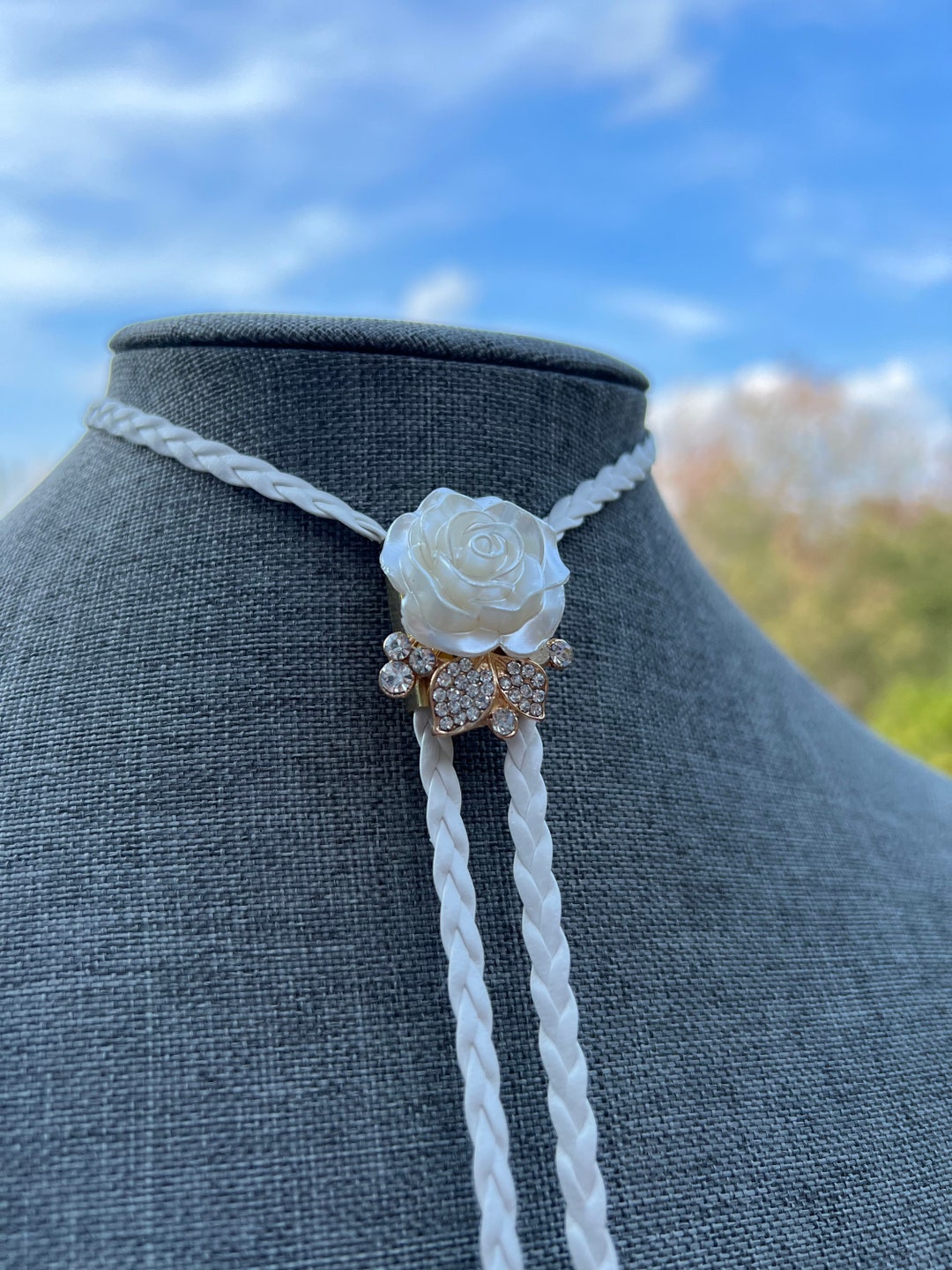 Bolo Tie Necklace Western Wedding Formal Jewelry White Vegan Braided ...