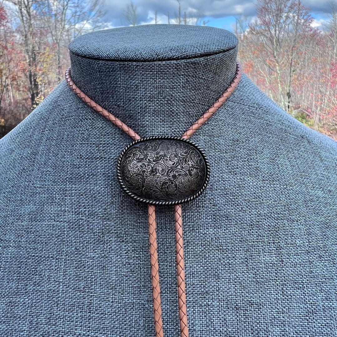 Floral Bronze Color Metal Concho Light Brown Braided Leather Bolo ...
