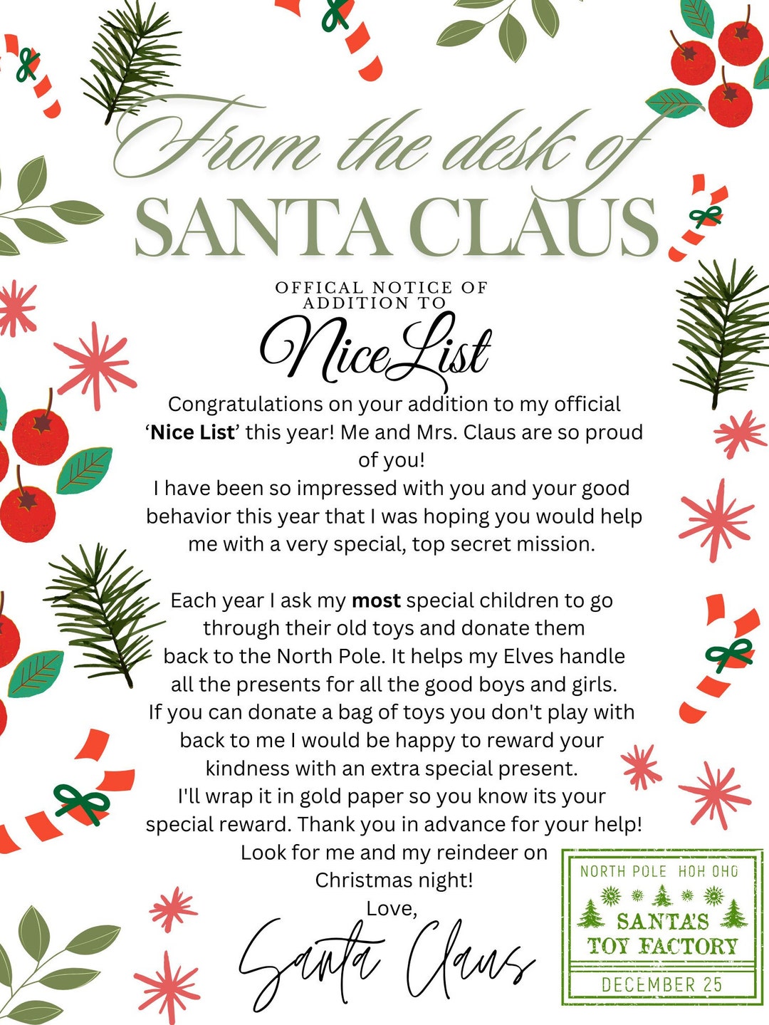 Santa Donation Letter - Etsy