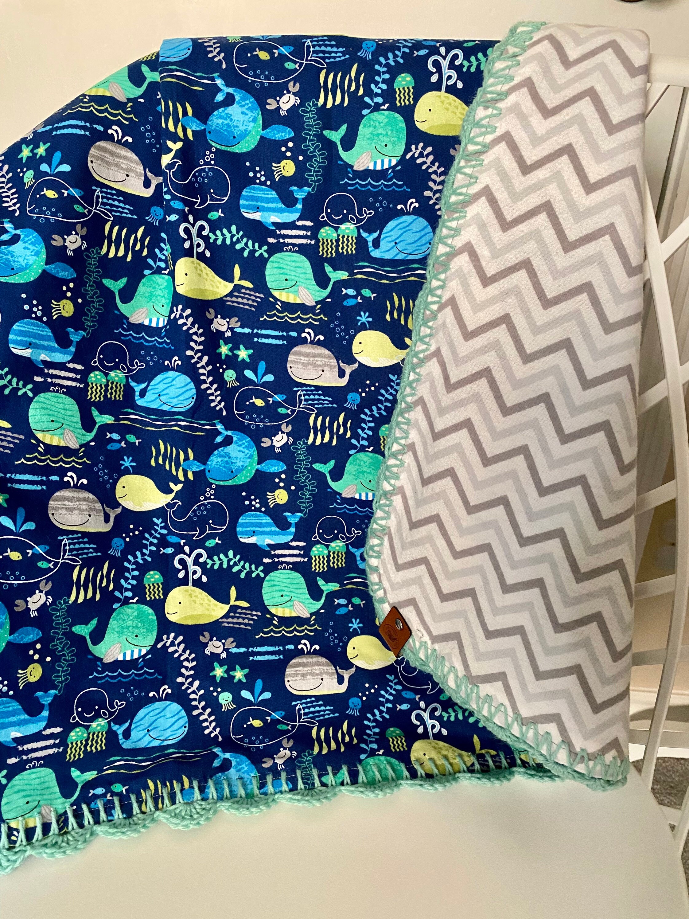 Whales Gender Neutral Reversible Baby Blanket With Crocheted - Etsy