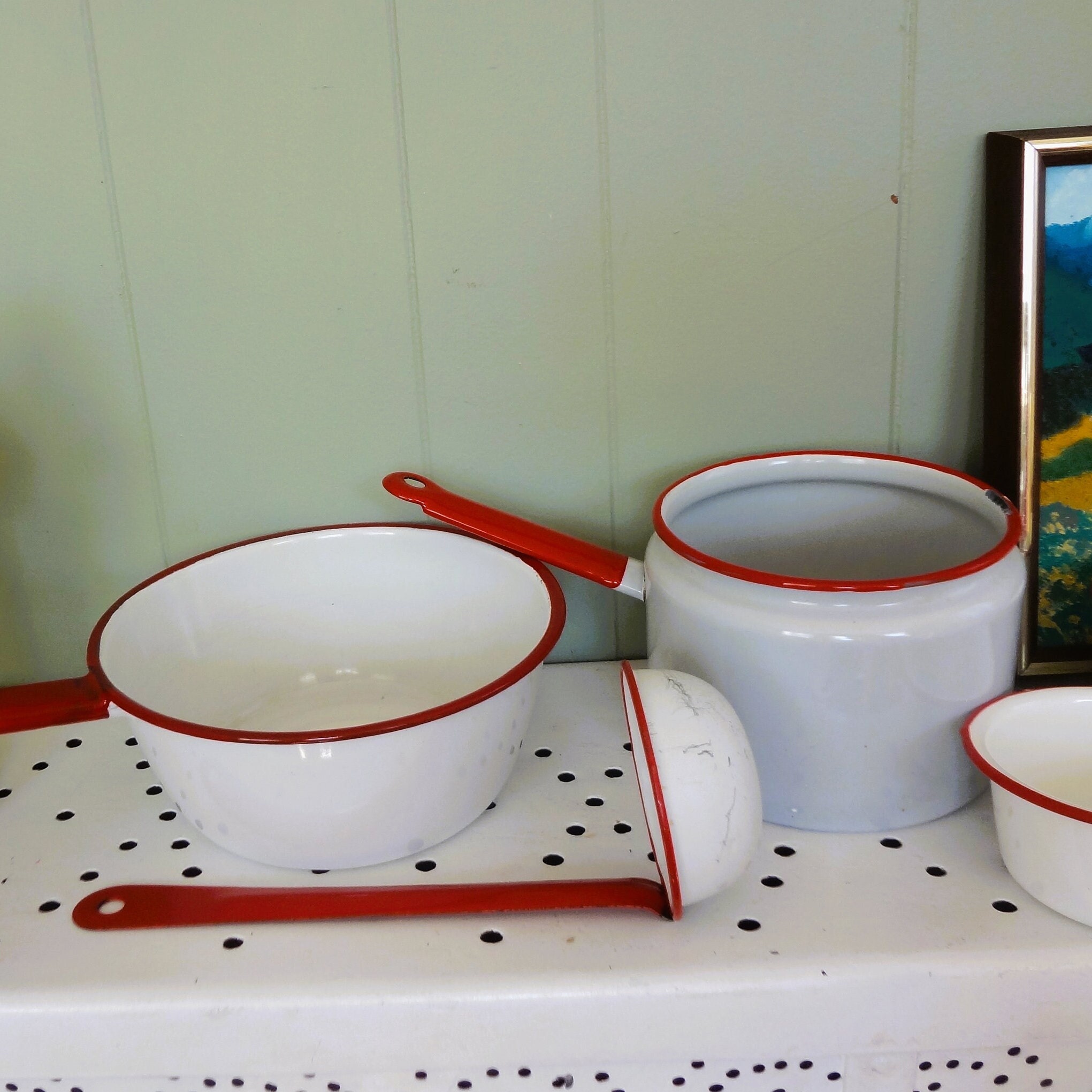 Vintage Enamelware Pots, Set of 5 Ladle, Red & White, French Country ...