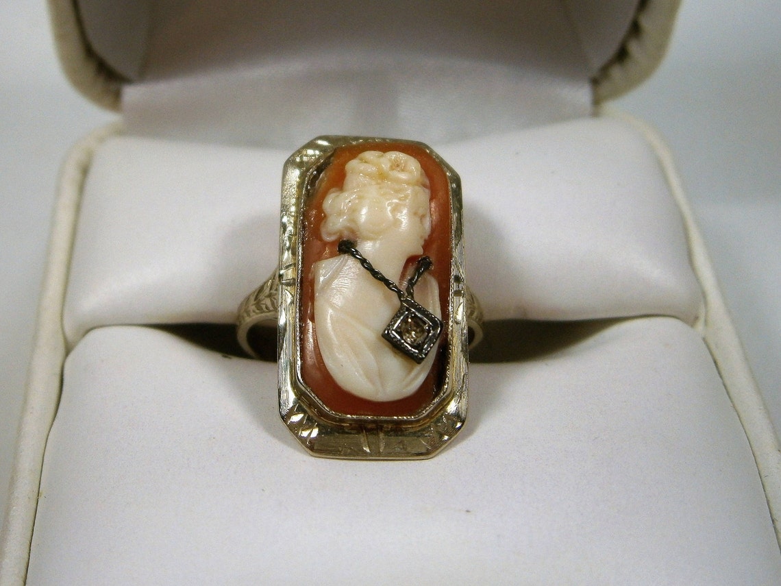 Antique Shell Cameo Ring With Diamond 14K White Gold - Etsy