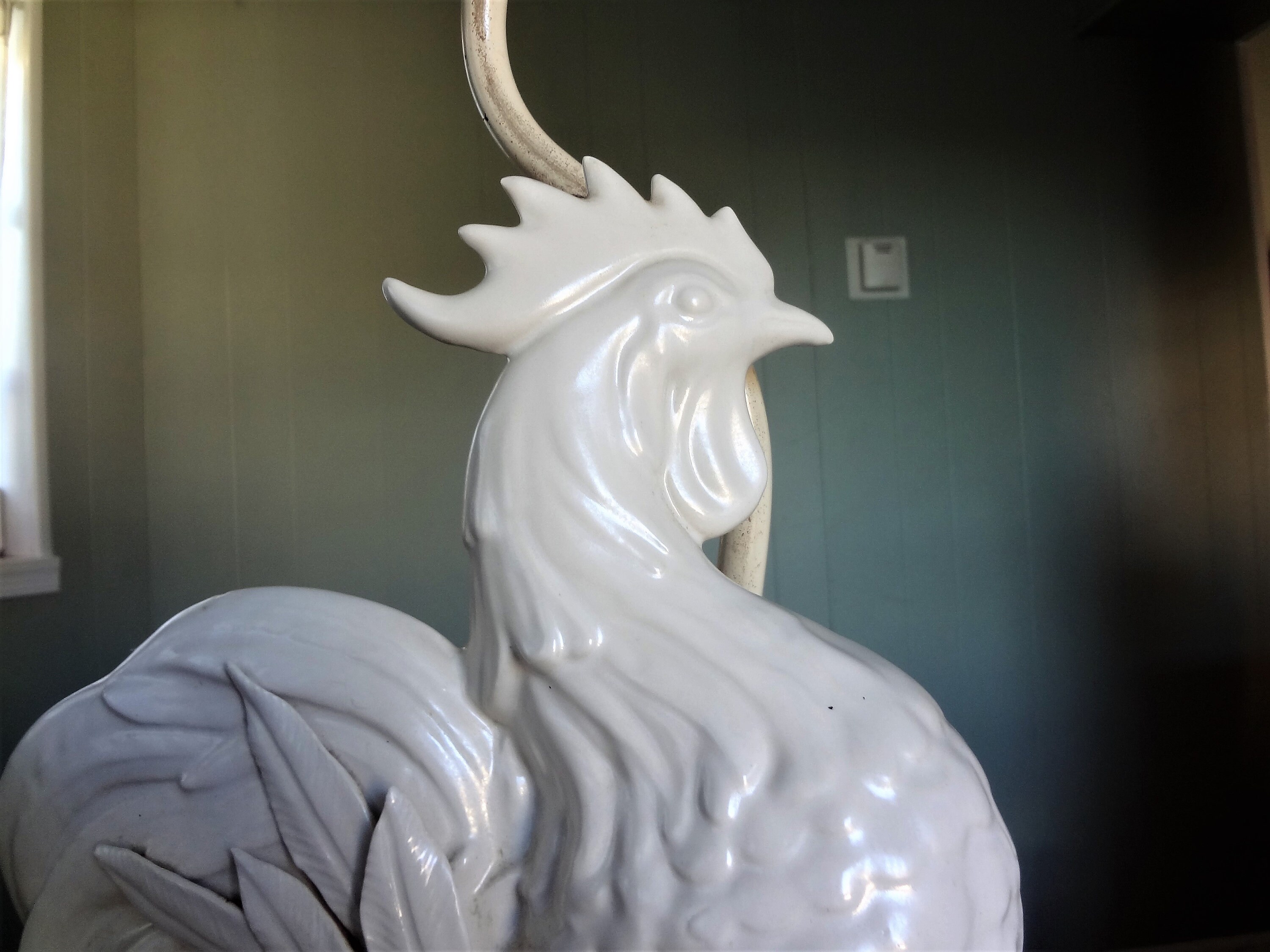 Large Corday Rooster Lamp, Rare White Glazed Rooster Lamp With Metal ...