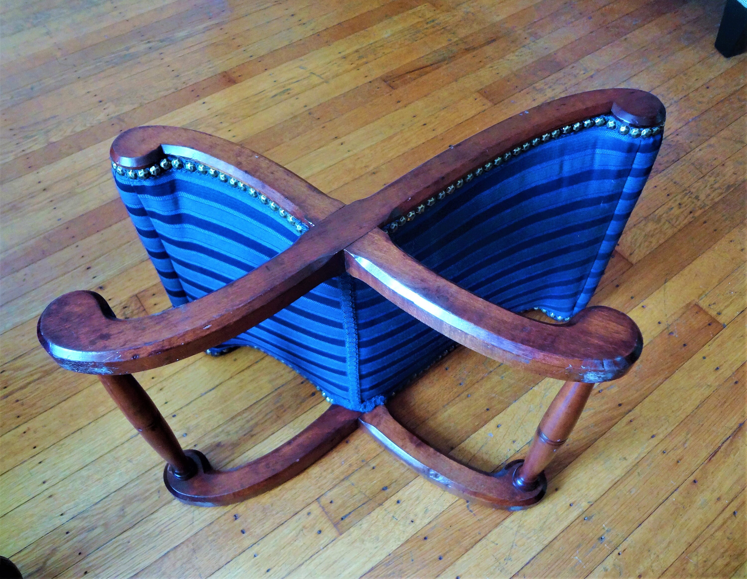 Victorian Gout Stool, Curved Wood Legs, Blue Striped Tapestry ...