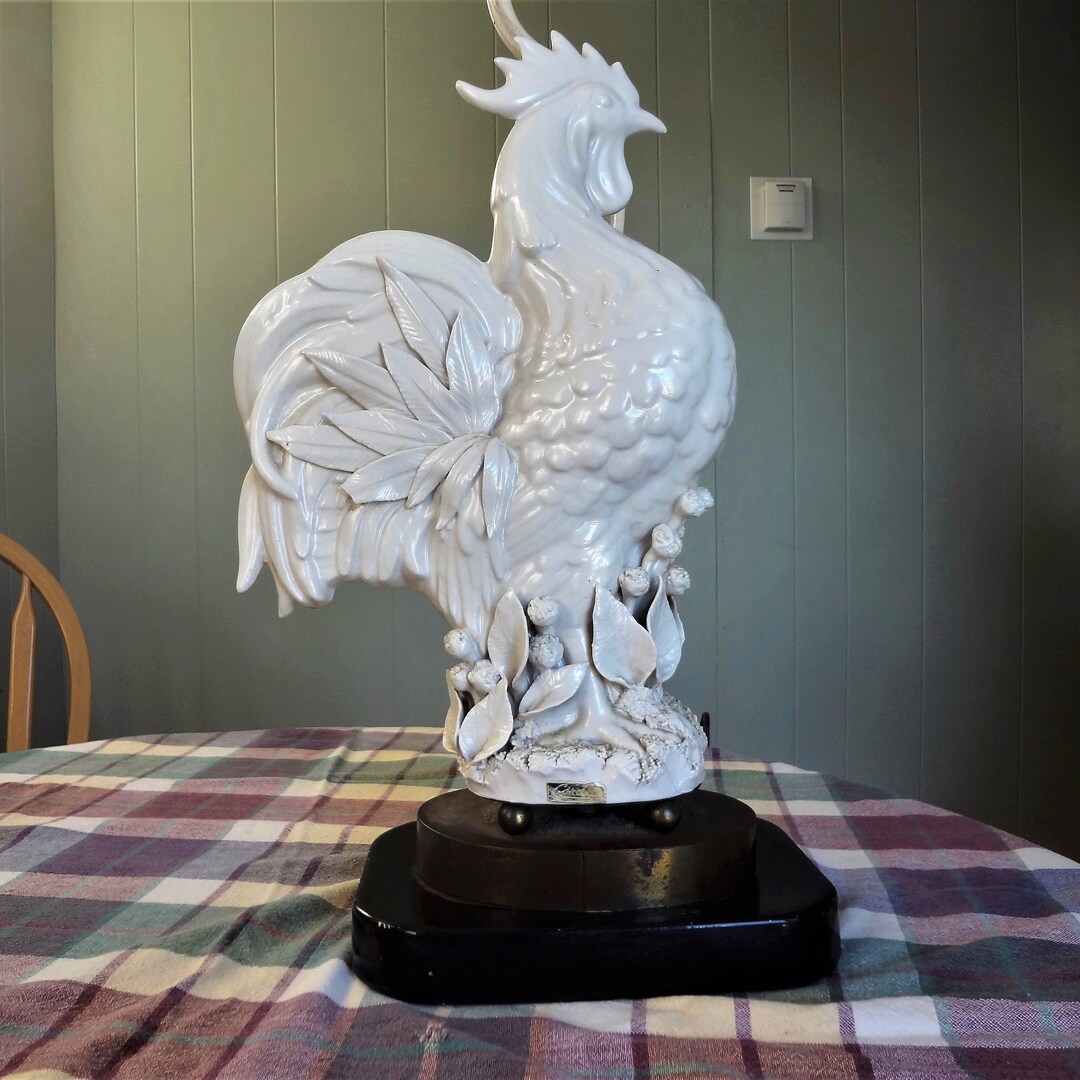 Large Corday Rooster Lamp, Rare White Glazed Rooster Lamp With Metal ...