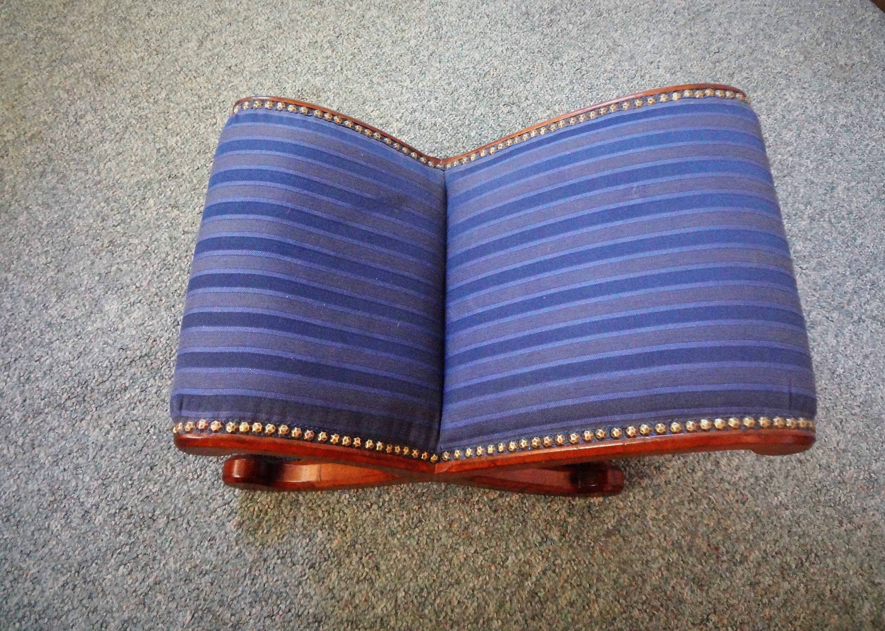 Victorian Gout Stool, Curved Wood Legs, Blue Striped Tapestry ...