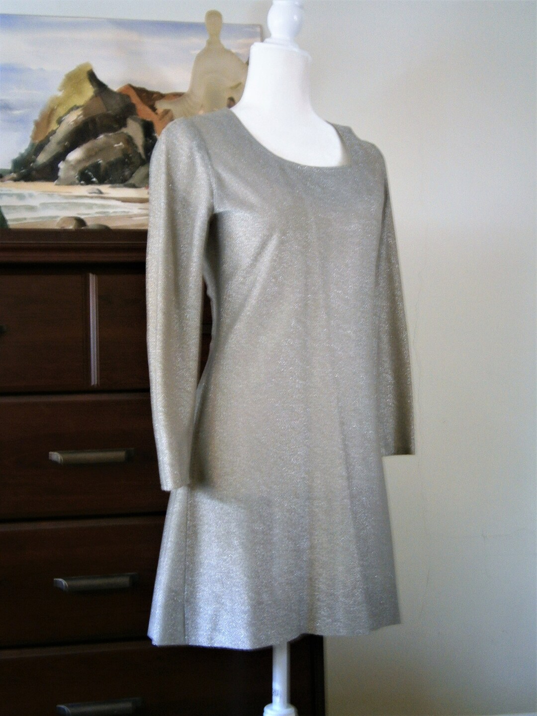 Vintage Silver Mini Dress, Metallic Silver Tunic Dress, 1980's Party ...