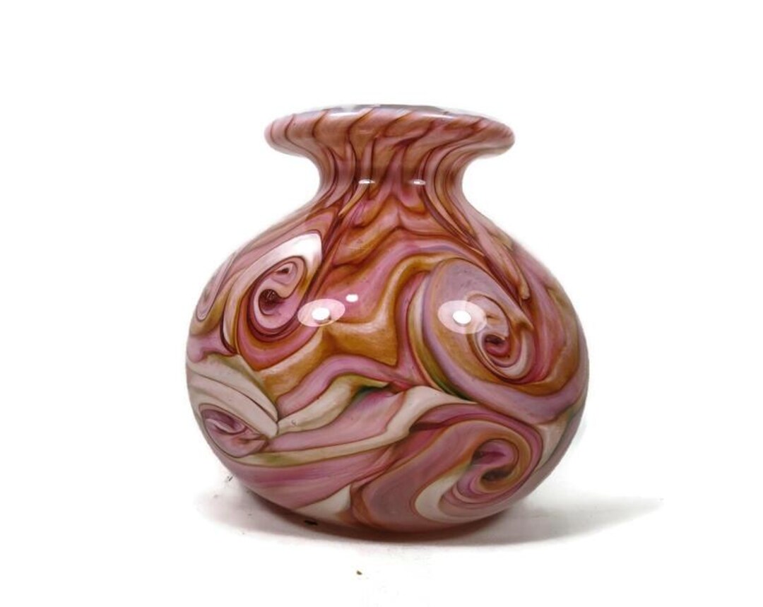 Gozo Hand Blown Art Glass Vase, Heavy Weight Pink Swirl Cased Glass ...