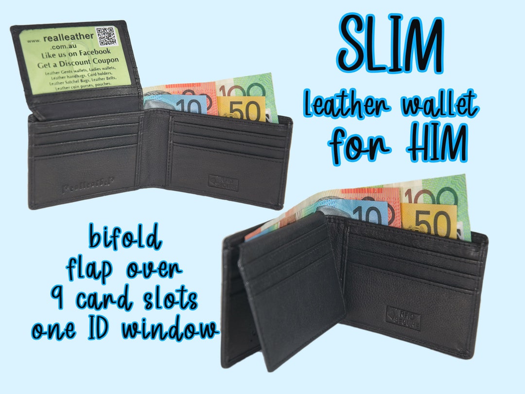 Men's Slim Compact Thin Narrow Leather Wallet | ID Window | 9 Card ...