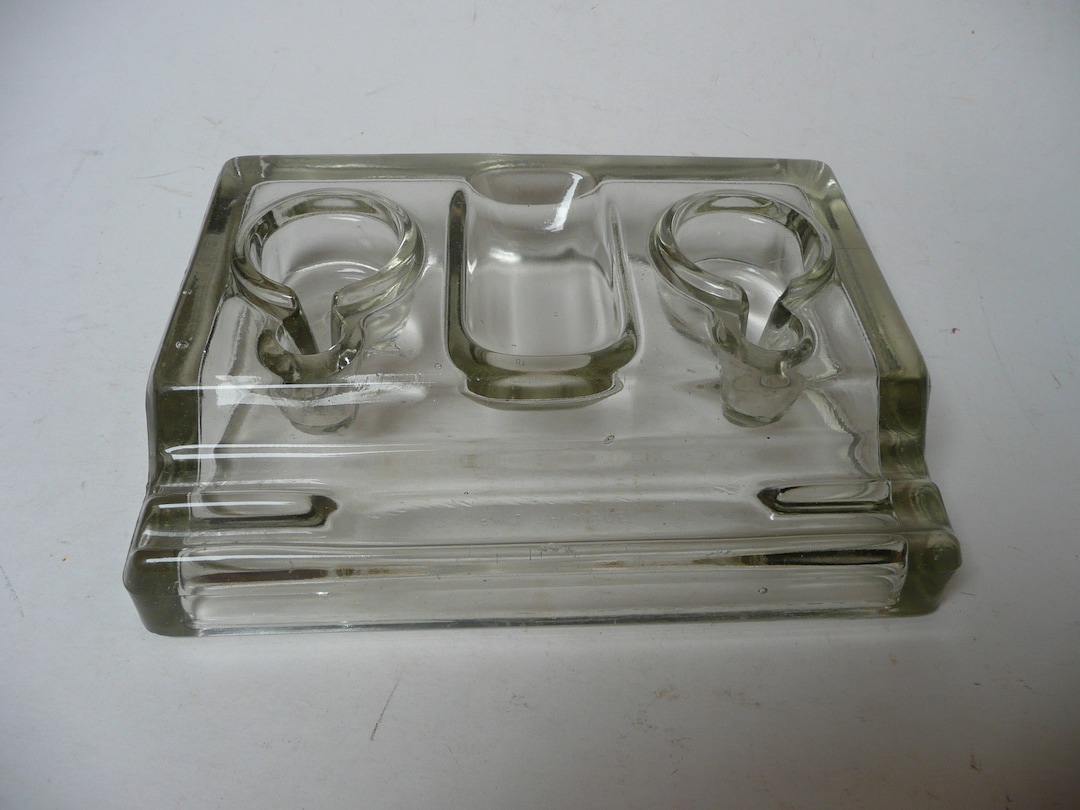 Beautiful Vintage Pressed Glass Block Shaped Inkwell in Brutalist Style ...