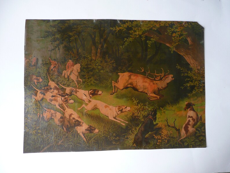 Antique Textured Print of Deer Stag Hunting Scene Hound Hunt | Etsy