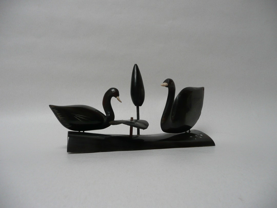 Vintage Carved Black Horn Two Black Swans With Water Lilies - Etsy