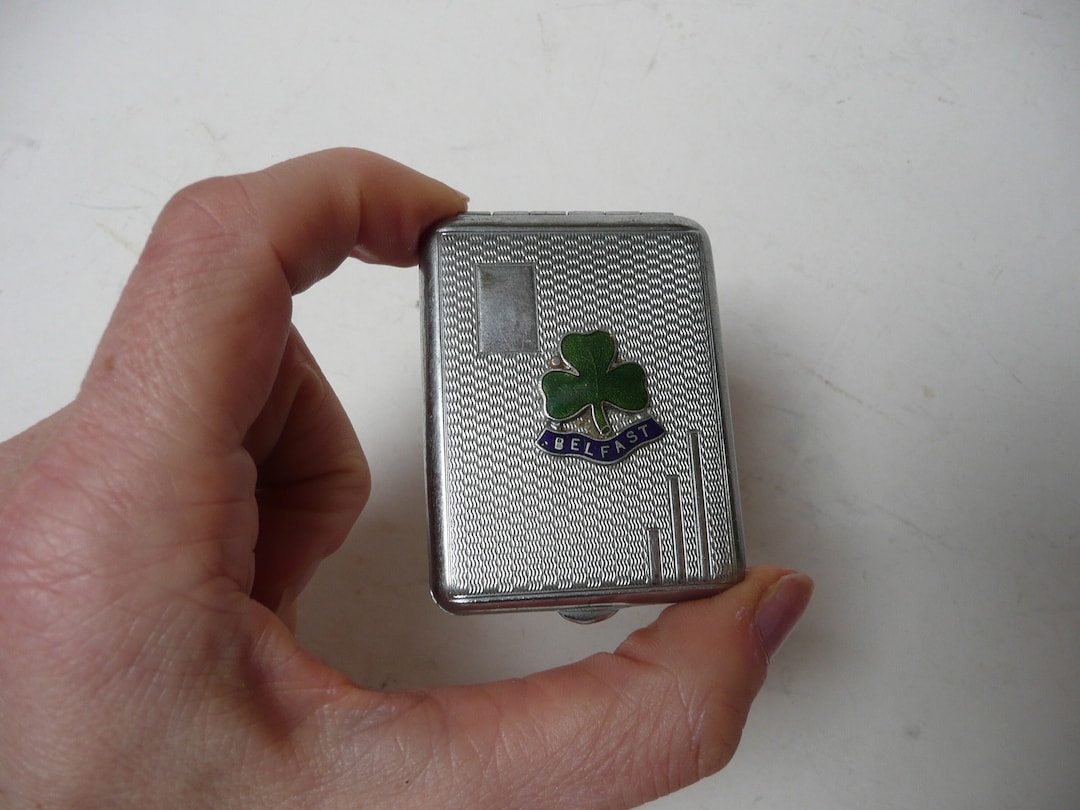 Vintage Irish Belfast Post Stamps Case Chrome Pocket Holder With Clover ...