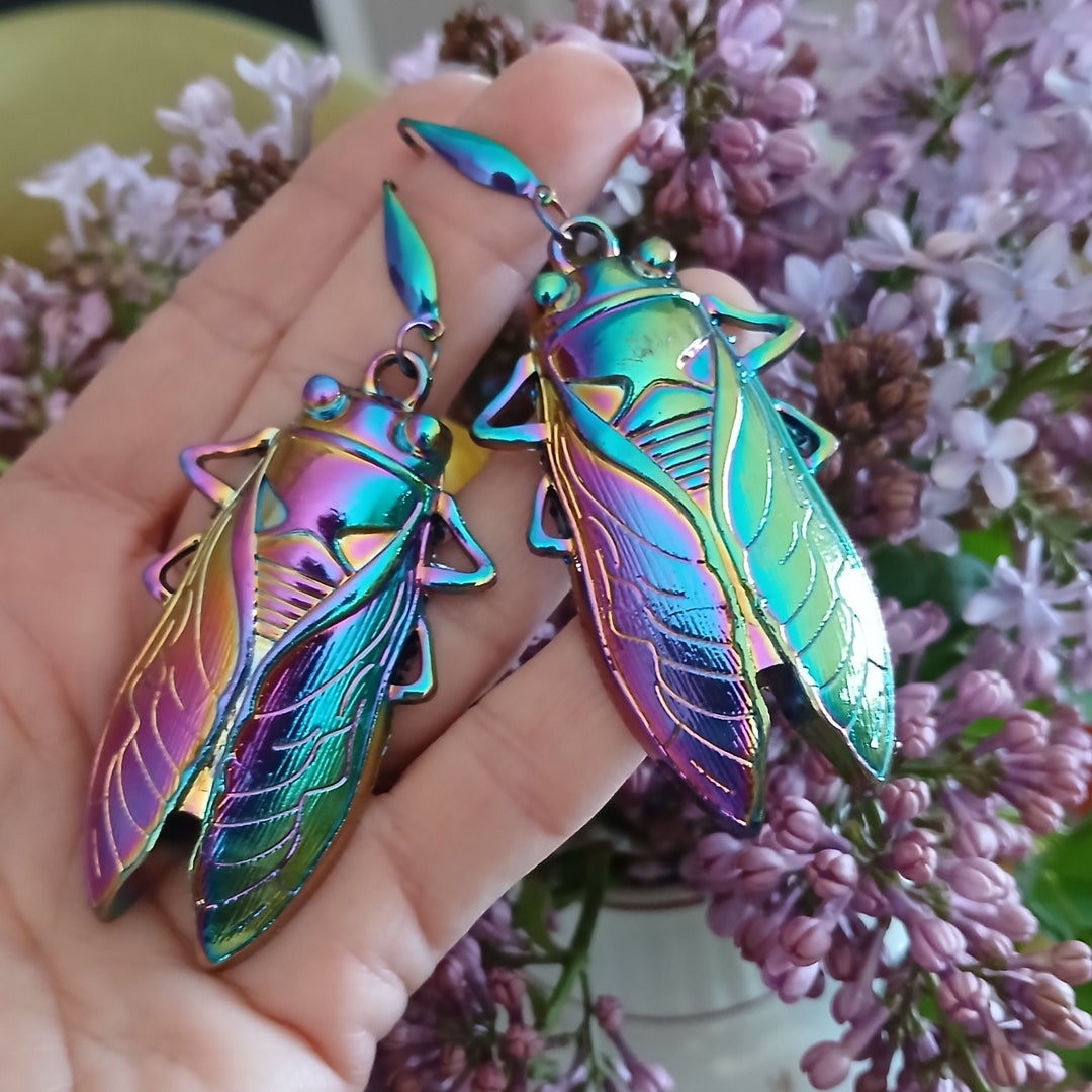 Rainbow Cicada Earrings, Large Rainbow Cicada Dangles, Statement Cicada ...