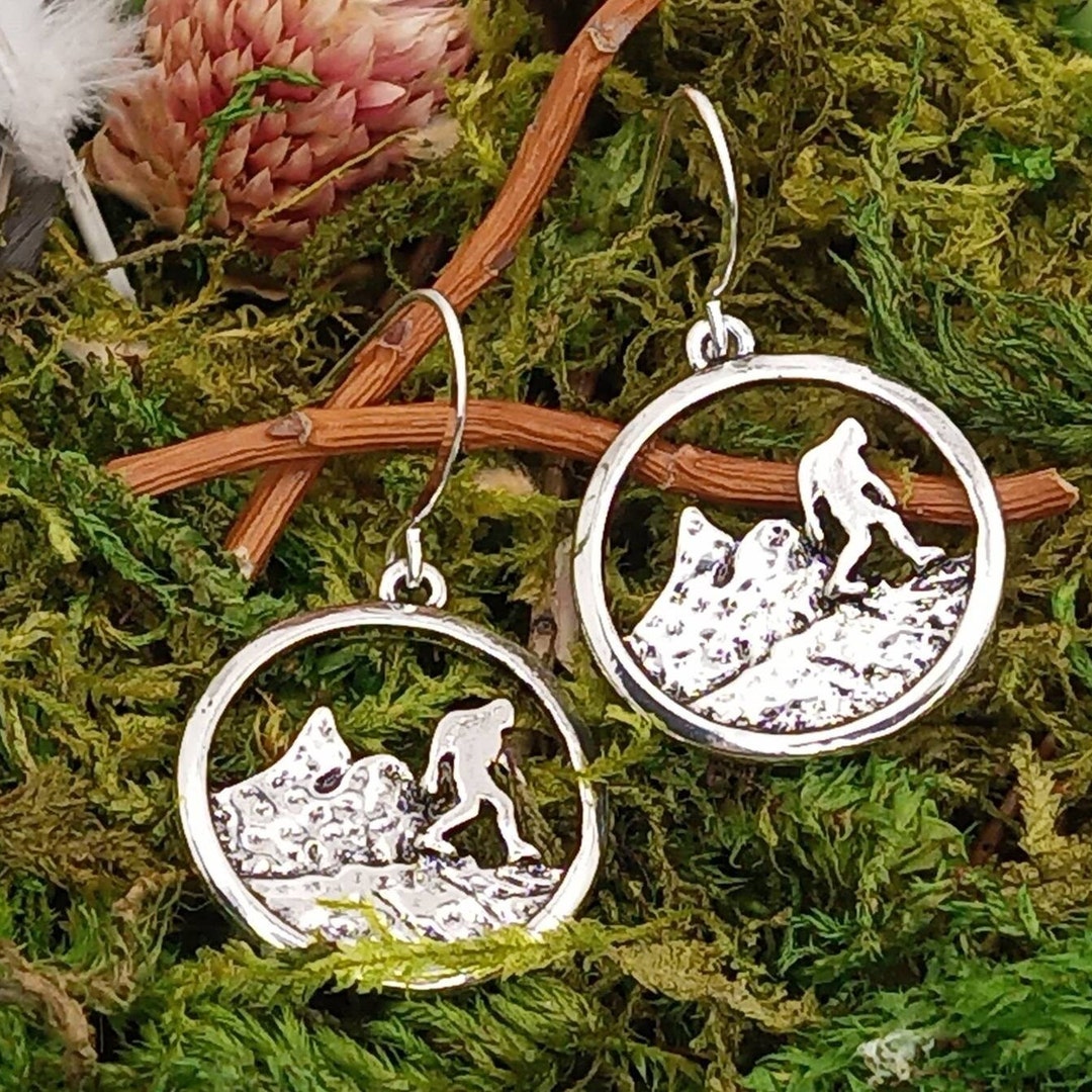 Bigfoot Earrings: Sasquatch Mountain Scene, Cryptid Jewelry - Etsy